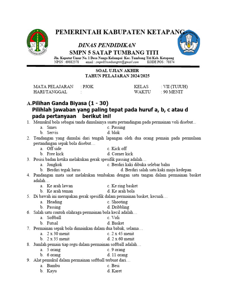 Soal Uas Pjok KLS 7 | PDF