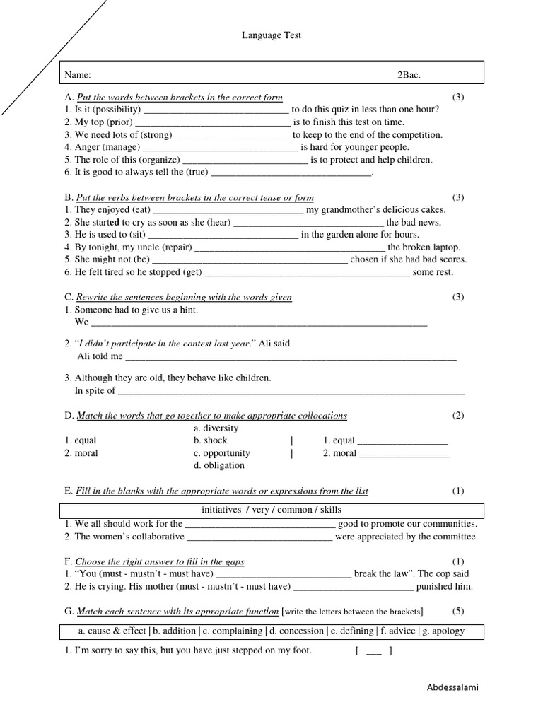 2bac Language Test 60 | PDF | Linguistics | Syntax