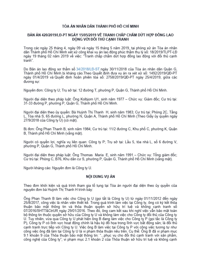 420.2019 PT HCM Ve Cham Dut Hop Dong Lao Dong Voi Doi Thu Canh Tranh | PDF