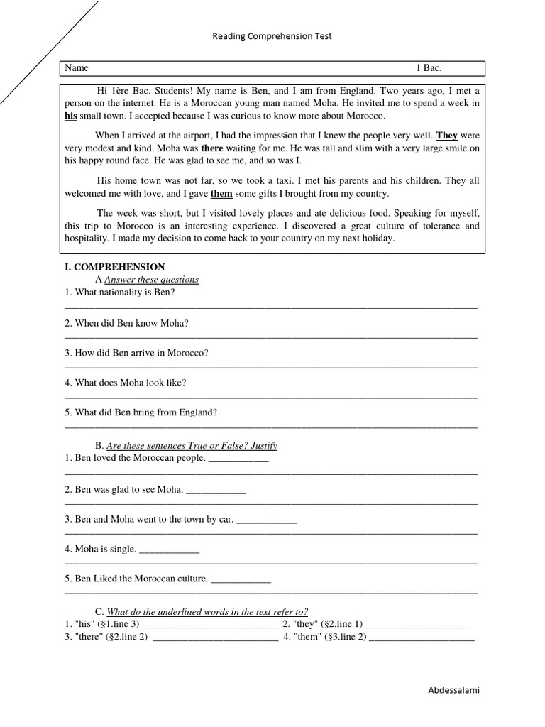 1Bac Reading Test 37 Ben | PDF