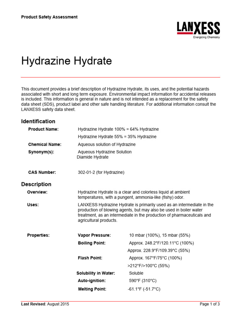 Hydrazine Hydrate Safety Guide | PDF | Toxicity | Water