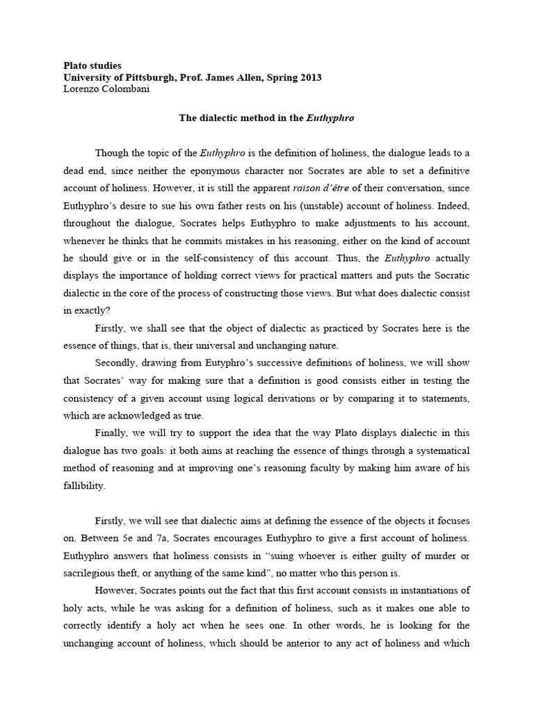 The Dialectic Method in The Euthyphro | PDF | Dialectic | Socrates