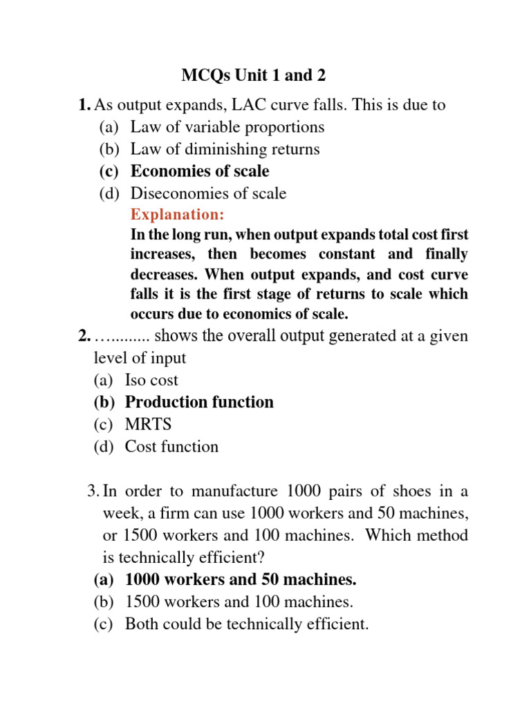 MCQ Unit 1 & 2 - with Answers and explanation | Download Free PDF | Average Cost | Economics