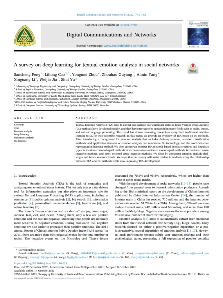 A Survey On Deep Learning For Textual Emotion Analysis In Social Networks Pdf Emotions