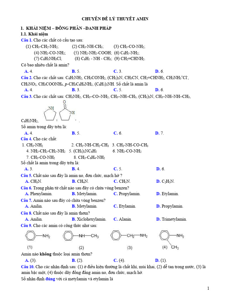 LÝ THUYẾT -BÀI TẬP AMIN (1) | PDF
