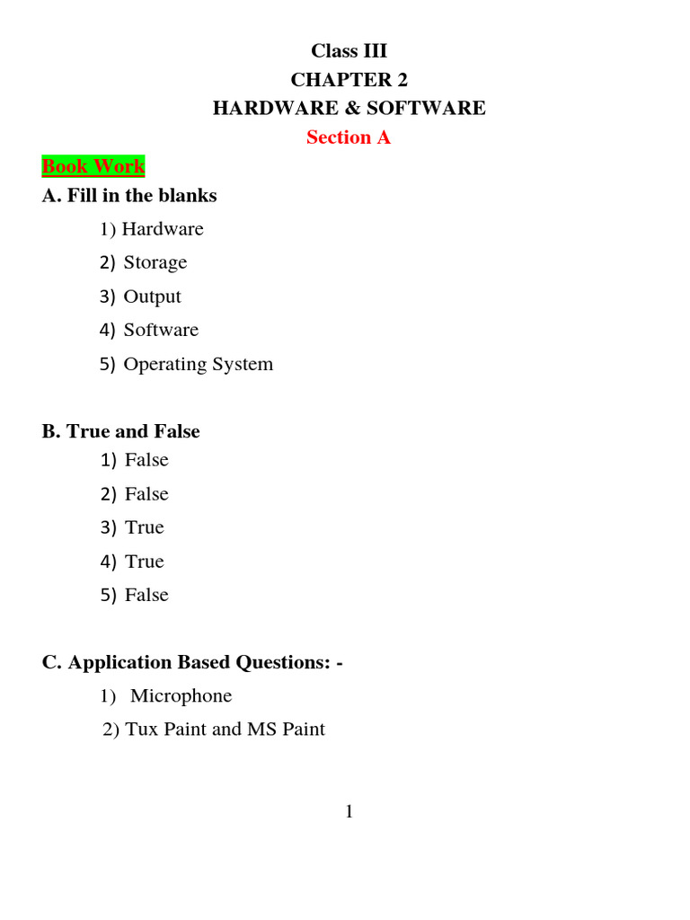 Updated Class 3 Chapter 2 - Hardware & Software Book Work and Notebook Work | Download Free PDF ...