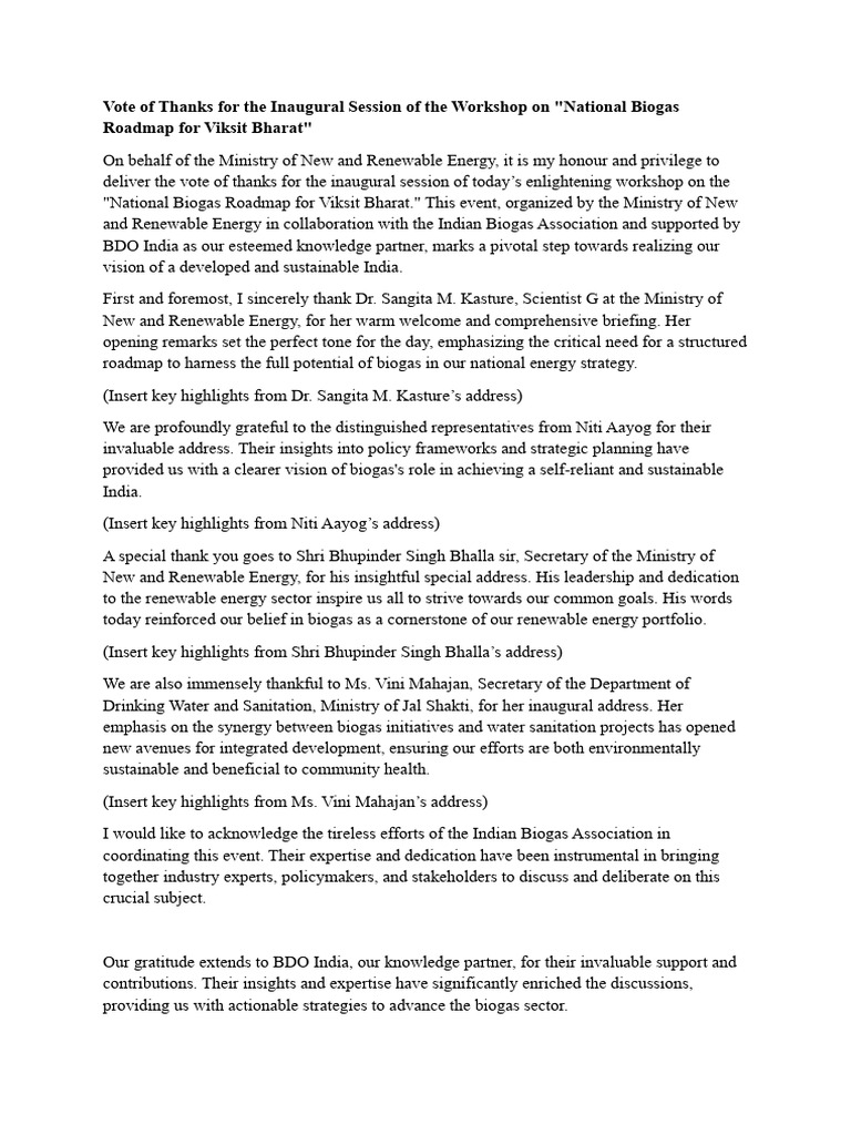 Vote Of Thanks For The Inaugural Session Of The Workshop Draft Pdf