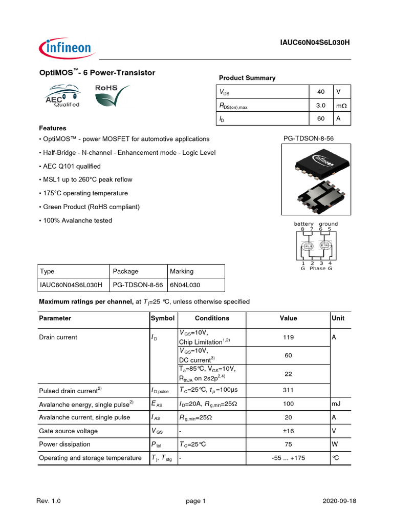 Infineon IAUC60N04S6L030H DataSheet v01 00 EN-1921391 | PDF | Field Effect Transistor | Diode
