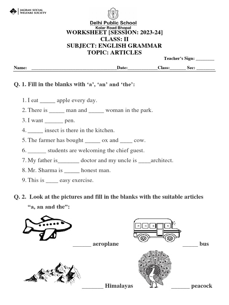 Grade 2 Articles Worksheet | PDF | Teaching Methods & Materials
