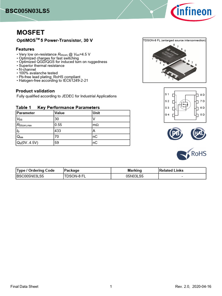 Infineon BSC005N03LS5 DataSheet v02 - 00 EN 1863850 | PDF | Field Effect Transistor | Diode