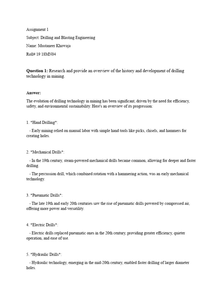 Assignment 1 Drilling Blasting | PDF | Drilling Rig | Drill