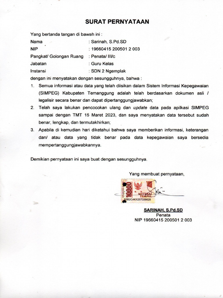 SURAT PERNYATAAN UP DATE SIMPEG SARI | PDF