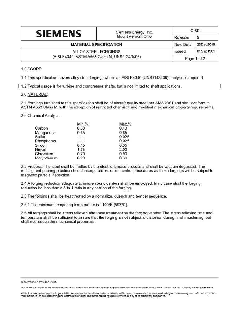 E4340 Alloy Steel Forging Specification | PDF | Steel | Heat Treating