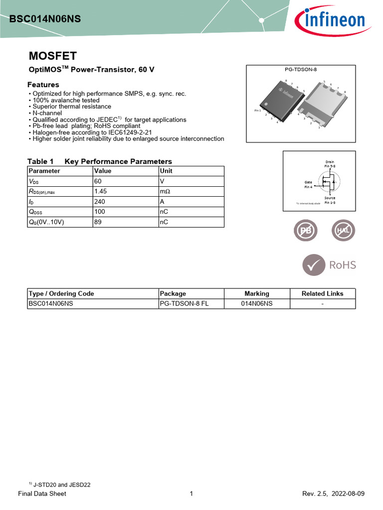 Infineon BSC014N06NS DataSheet v02 05 EN-3360548 | PDF
