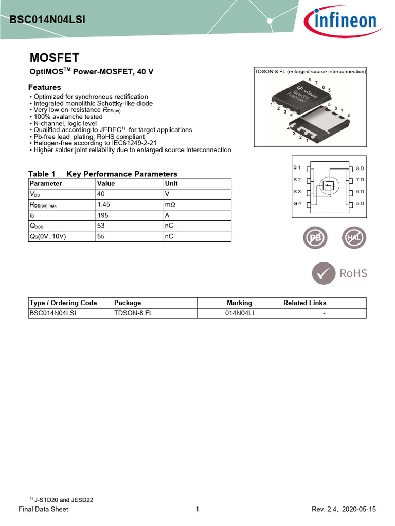 Infineon BSC014N04LSI DataSheet v02 04 EN-3360623 | PDF | Diode | Electrical Engineering