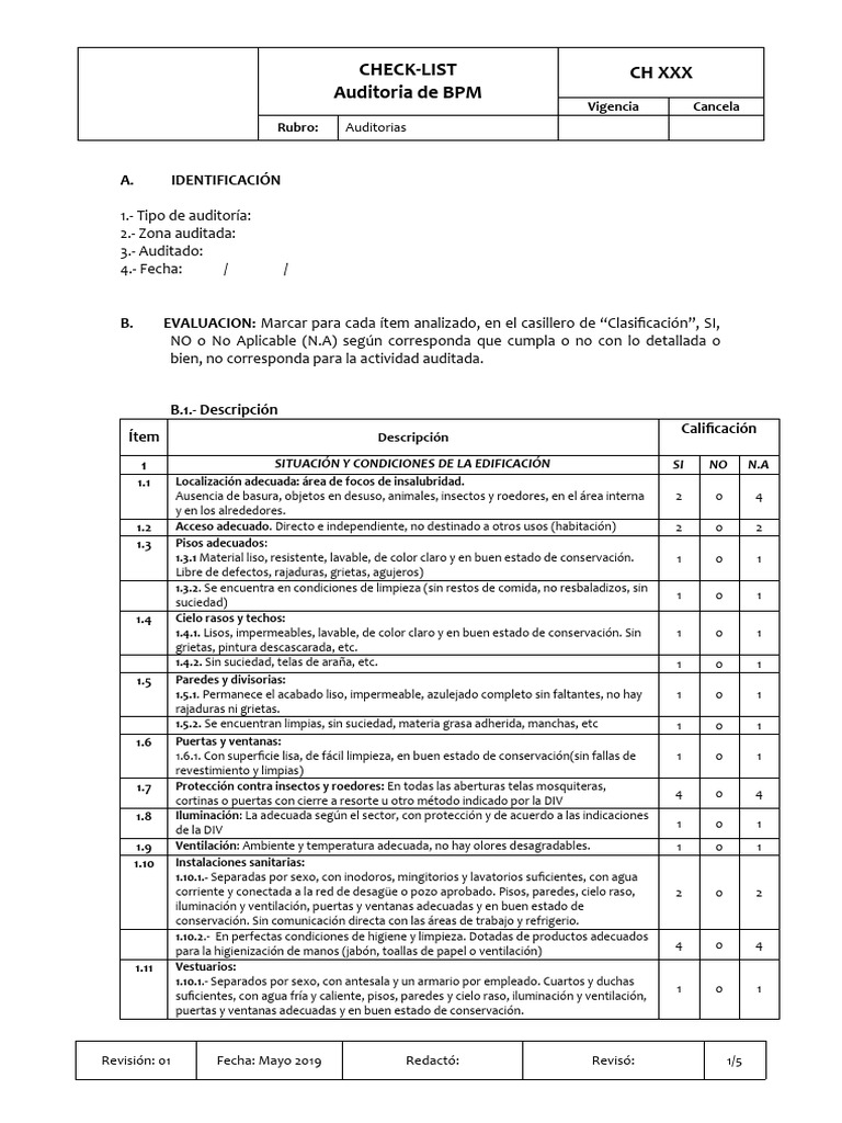 Modelo de Check list para BPM | Descargar gratis PDF | Agua | Higiene