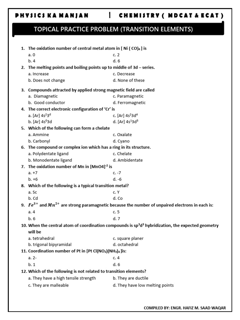 12 - TPP - Transition Elements | PDF | Transition Metals | Coordination Complex