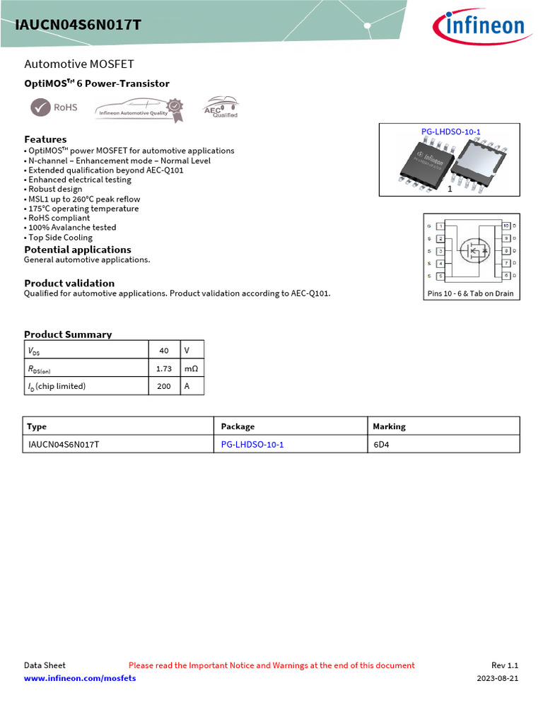 Infineon IAUCN04S6N017T DataSheet v01 01 EN-3372547 | PDF | Field Effect Transistor | Mosfet