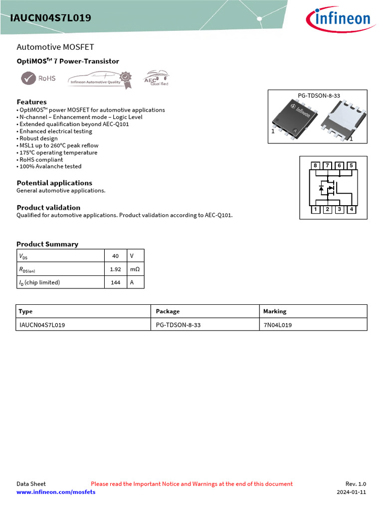 Infineon IAUCN04S7L019 DataSheet v01 00 EN-3392510 | PDF | Mosfet | Field Effect Transistor
