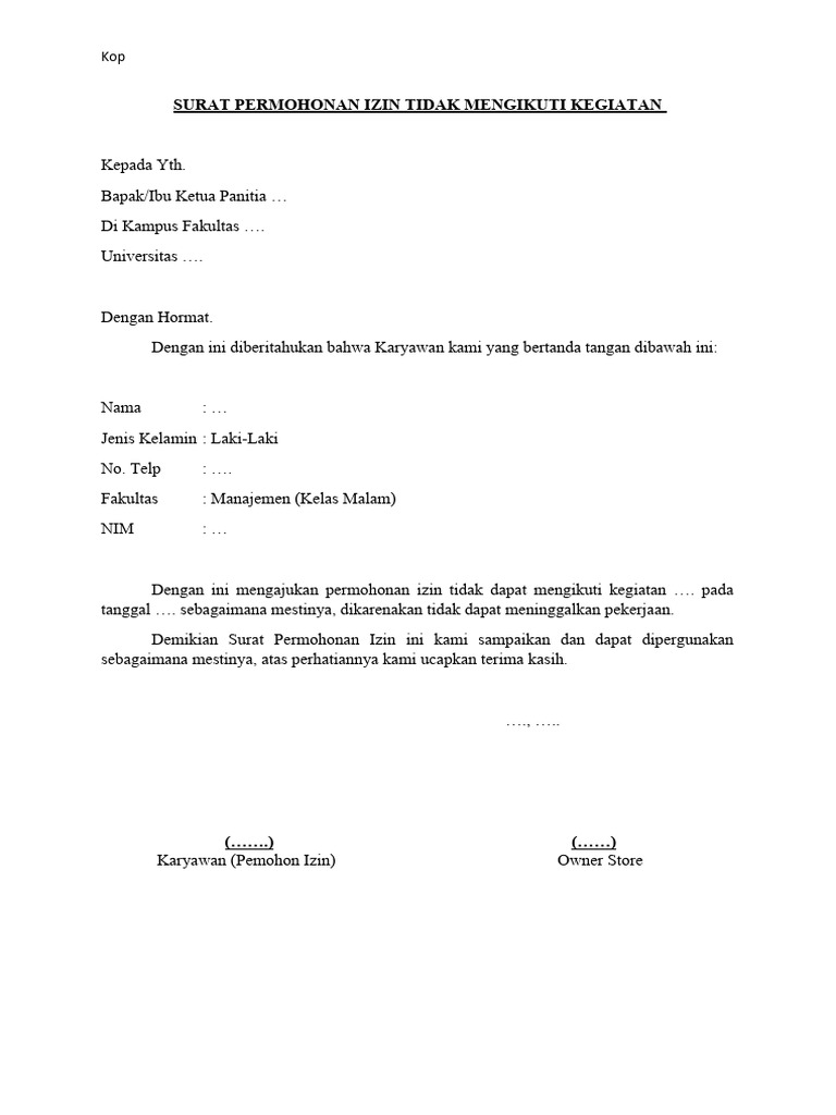 Surat Permohonan Izin Tidak Mengikuti Kegiatan PKKMB | PDF | Karier & Perkembangan