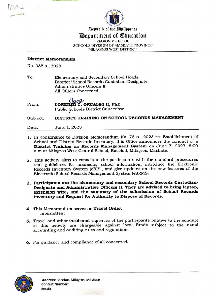 DISTRICT MEMO No. 035, S. 2023 District Training On School Records Management | PDF