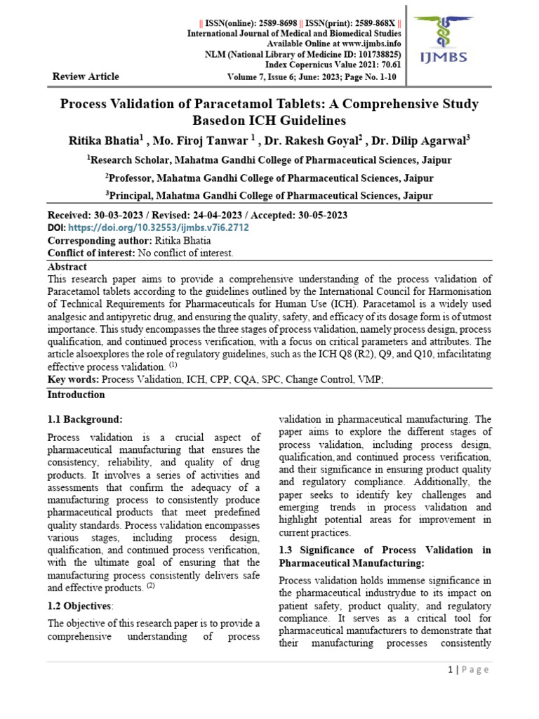 Process Validation Of Paracetamol Tablets A Compre Pdf Verification And Validation