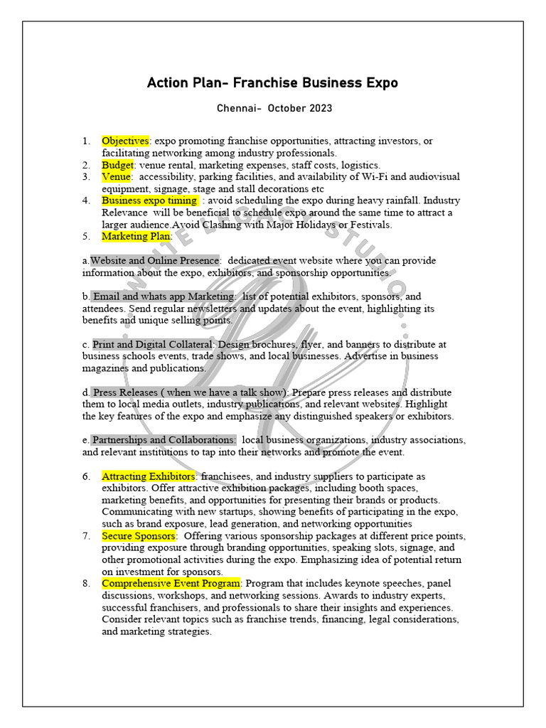 Action Plan- Franchise Business Expo | PDF | Franchising | Brand