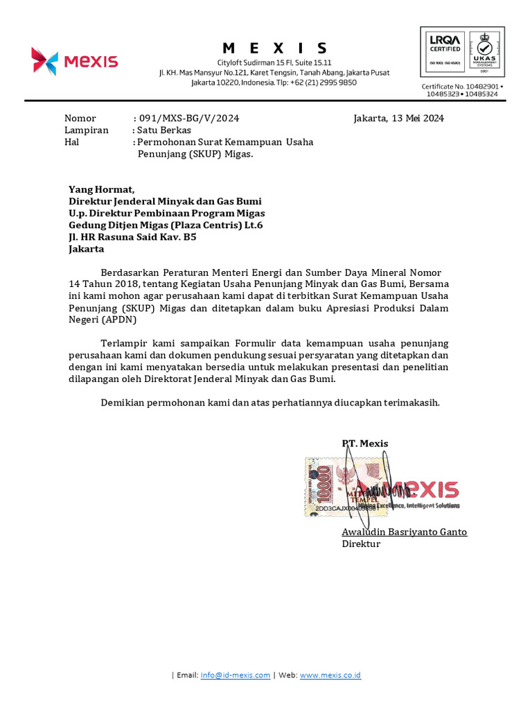 Surat Permohonan Pengajuan SKUP Migas | PDF