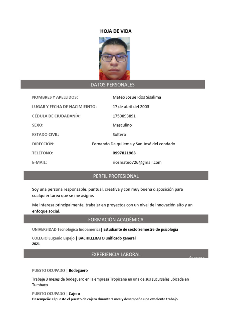 Hoja de Vida Mateo Ríos | PDF | Crecimiento personal y profesional