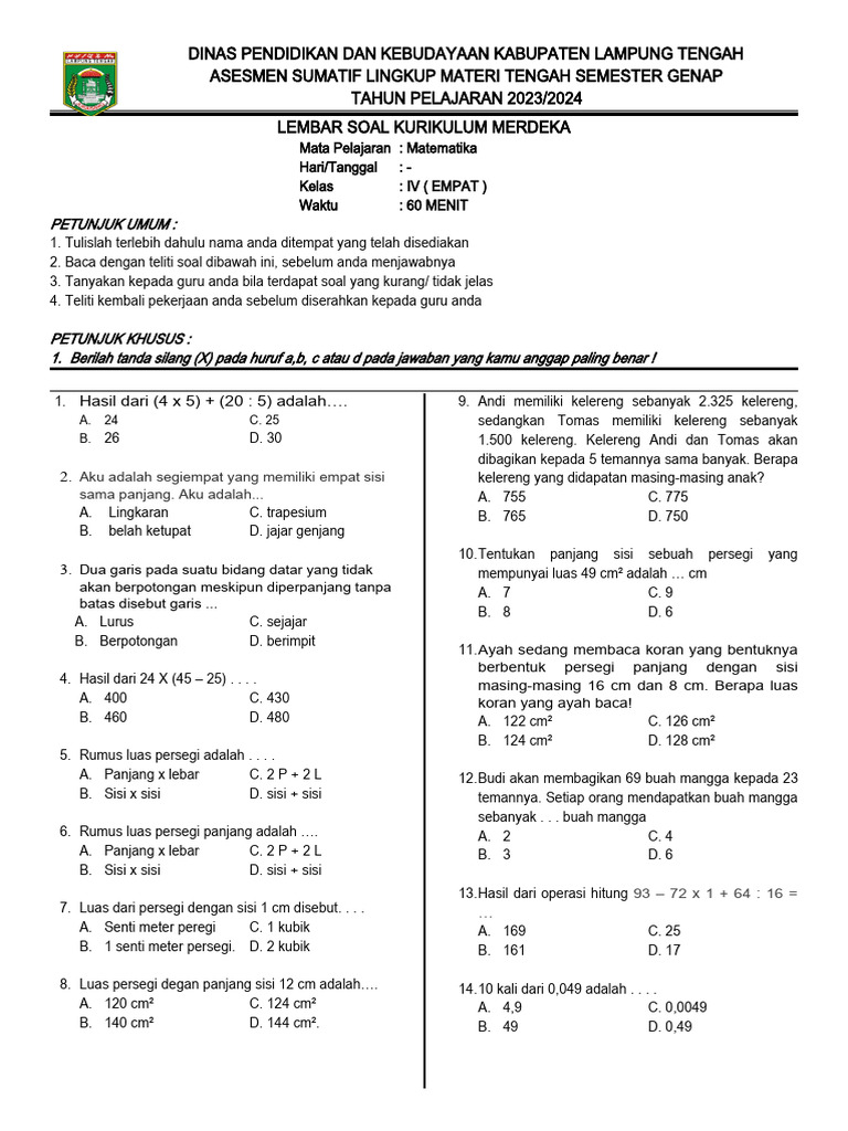 Soal PTS Genap Matematika Kelas 4 2024 | PDF