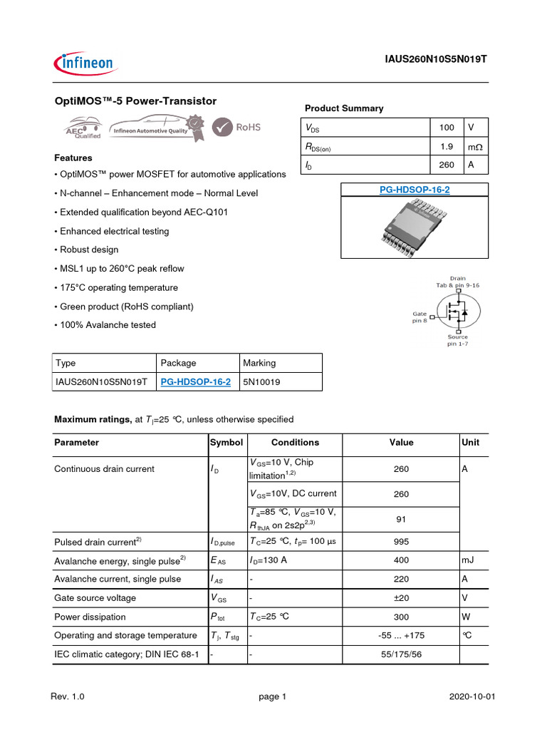 Infineon IAUS260N10S5N019T DataSheet v01 00 EN-2399748 | PDF | Field Effect Transistor | Diode