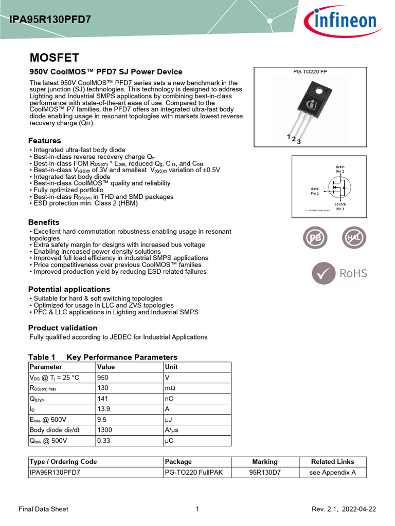 Infineon IPA95R130PFD7 DataSheet v02 01 EN-3011872 | PDF | Electromagnetism | Electrical Components