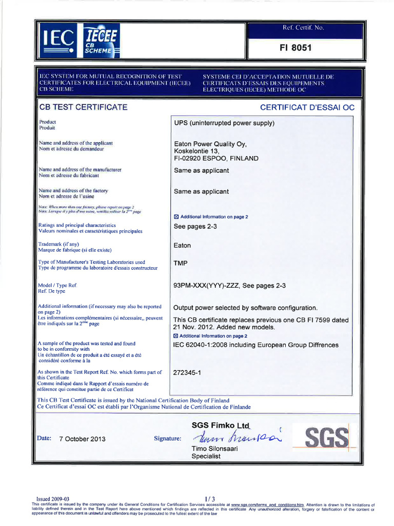 Eaton 93pm Ups 30 200 KW CB Test Certificate | PDF
