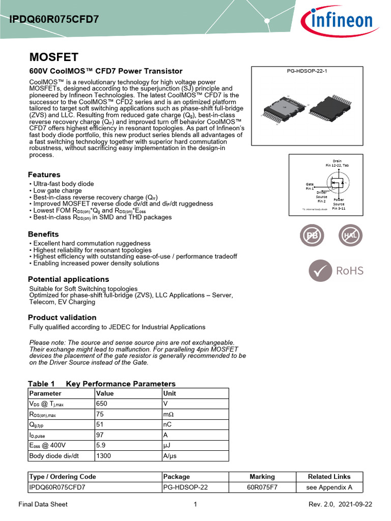 Infineon IPDQ60R075CFD7 DataSheet v02 00 EN-3196516 | PDF | Computer Engineering | Electrical ...