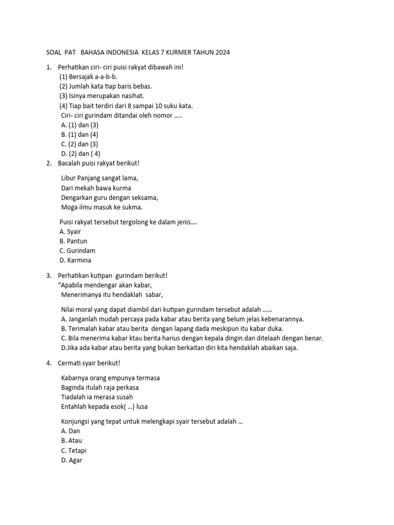 Soal Pat Bahasa Indonesia Kelas 7 Kurmer Tahun 2024 | PDF