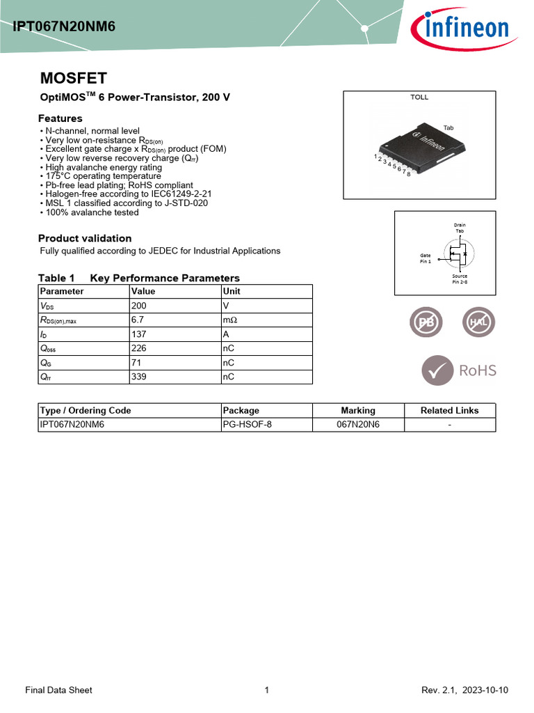 Infineon IPT067N20NM6 DataSheet v02 01 EN-3398083 | PDF | Diode | Field Effect Transistor