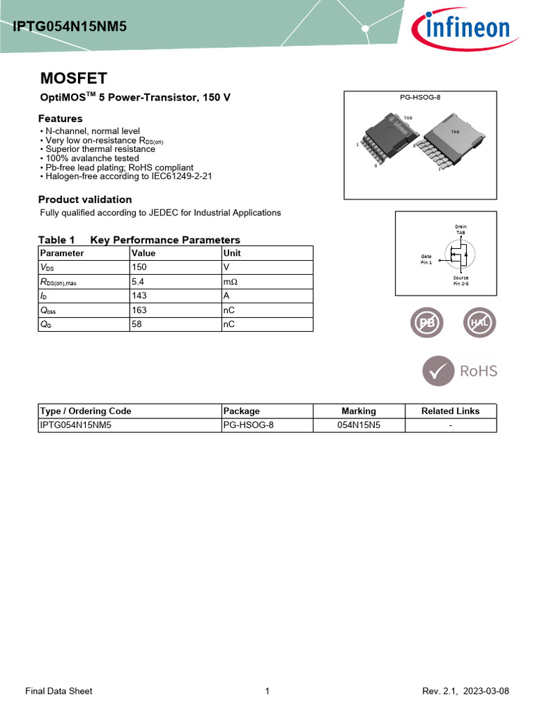 Infineon IPTG054N15NM5 DataSheet v02 01 EN-3362589 | PDF | Field Effect Transistor | Diode