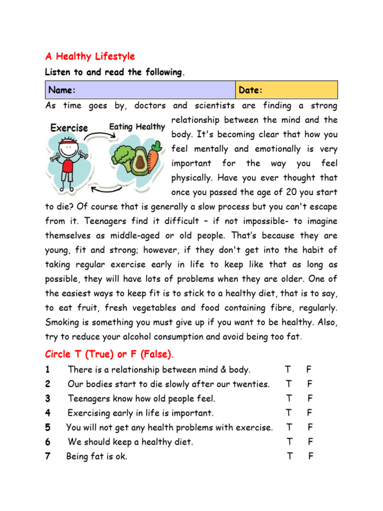 A Healthy Lifestyle 2 Reading Comprehension Exercises 116024 | PDF