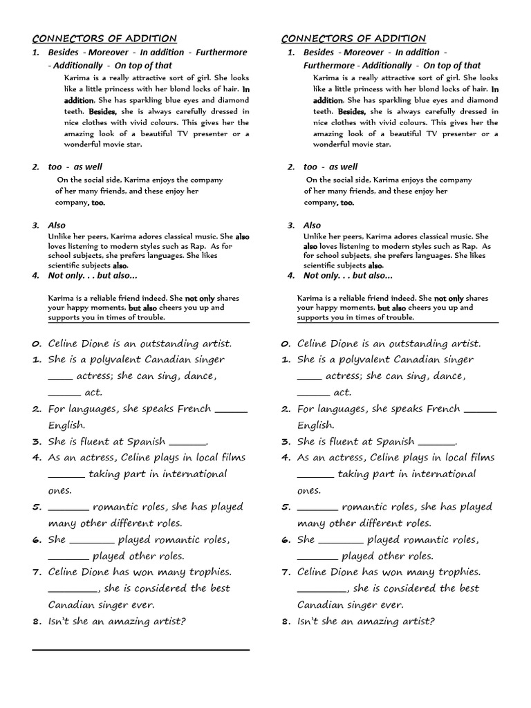 Connectors of Addition Explained | PDF | Language Arts & Discipline