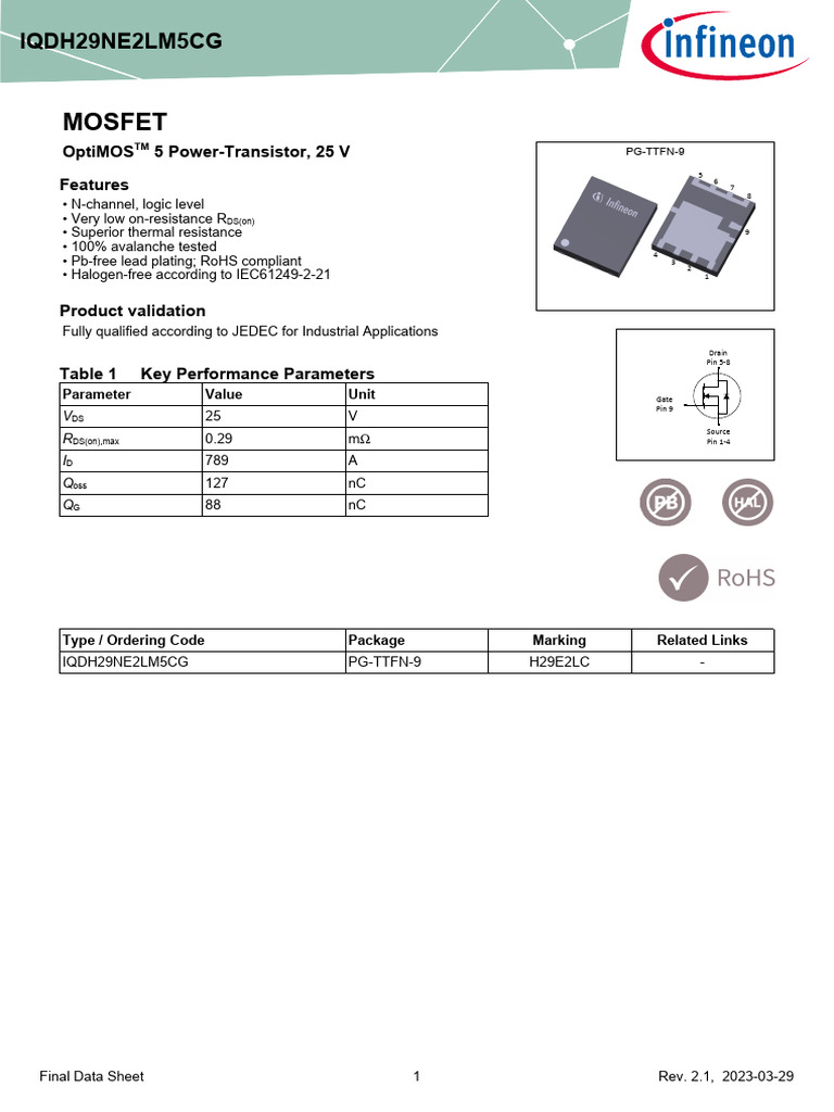 OptiMOS 5 Power Transistor 25V Data Sheet | PDF | Field Effect Transistor | Diode