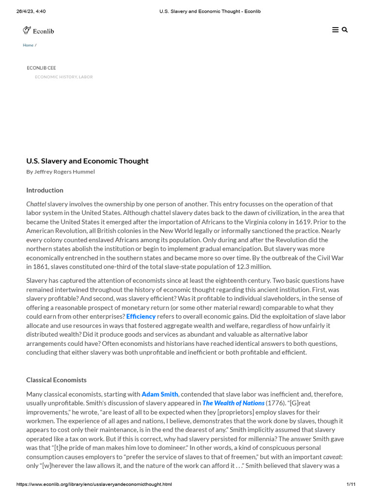 U.S. Slavery and Economic Thought - Econlib | PDF | Slavery In The ...