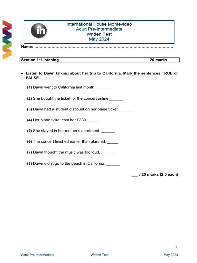 Adult Pre-Intermediate English Test 2024 | PDF
