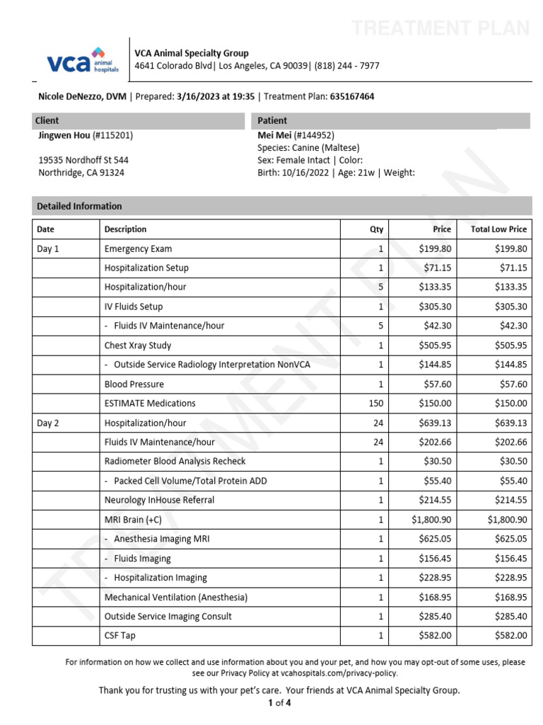 Treatment Plan: VCA Animal Specialty Group | PDF | Hospital | Serology