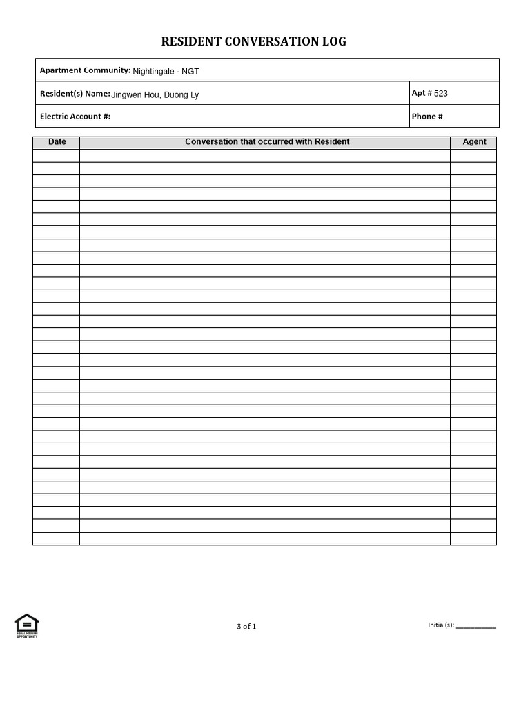 Resident Conversation Log: Apartment Community: Resident(s) Name: Apt ...