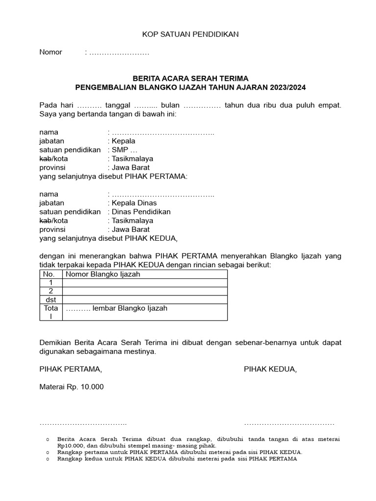 Format BA Pengembalian Blangko Ijazah 2024 | PDF Format BA Pengembalian Blangko Ijazah 2024 | PDF
