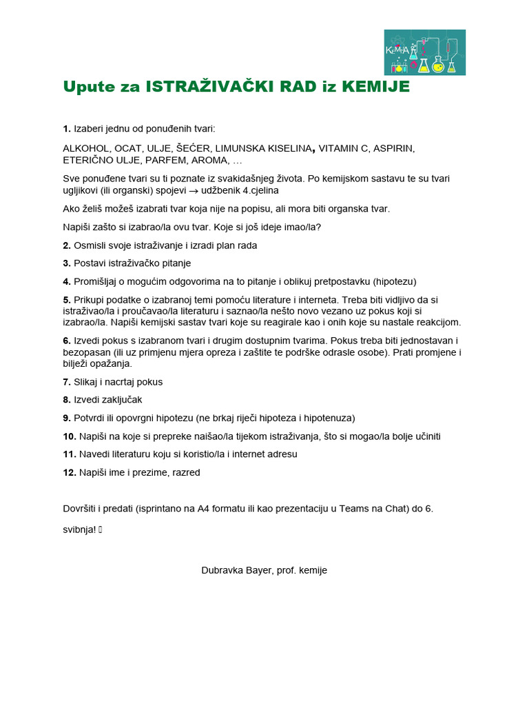 Upute Za Istraživački Rad 8. Razred NOVO | PDF