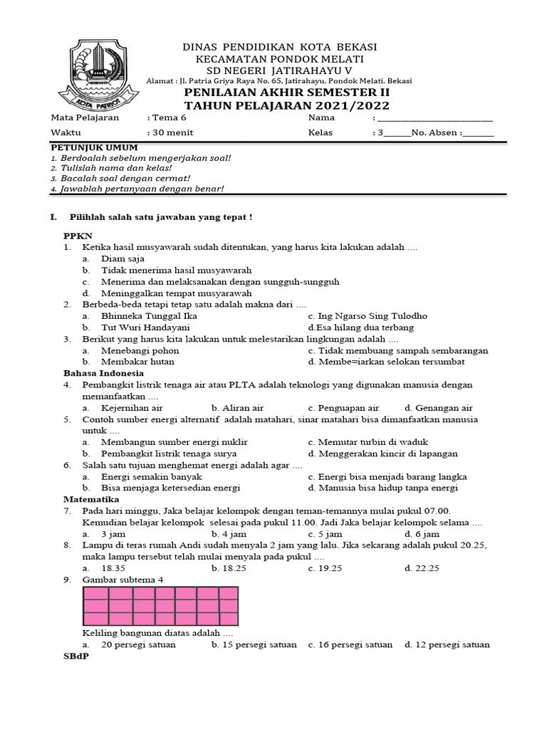 Soal Pas Kelas 3 Tema 6 2022 | PDF | Seni