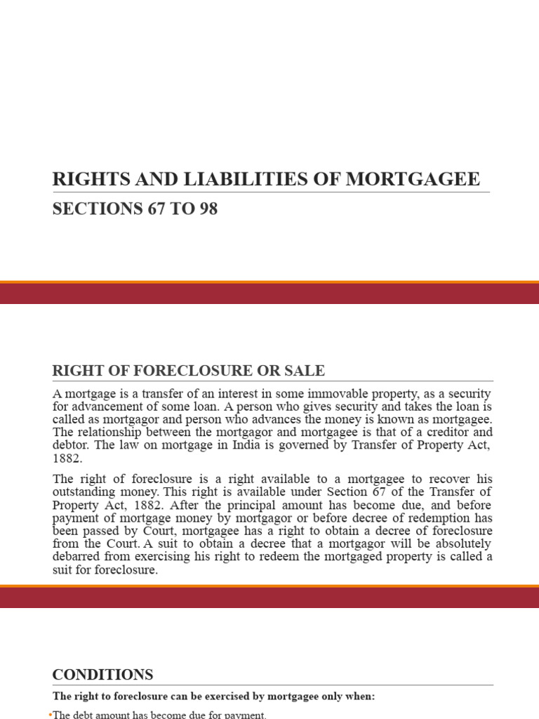3a RIGHTS AND LIABILITIES OF MORTGAGEE | PDF | Mortgage Law | Foreclosure