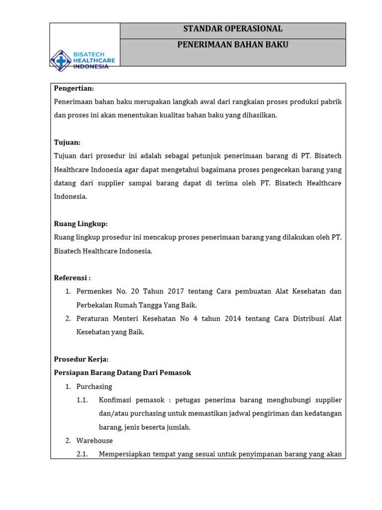 SPO Penerimaan Bahan Baku | PDF