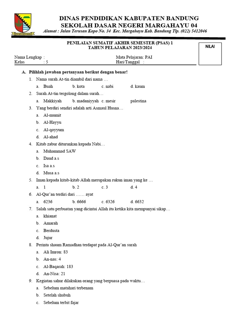 Soal Pas Kelas 5 | PDF | Perjalanan